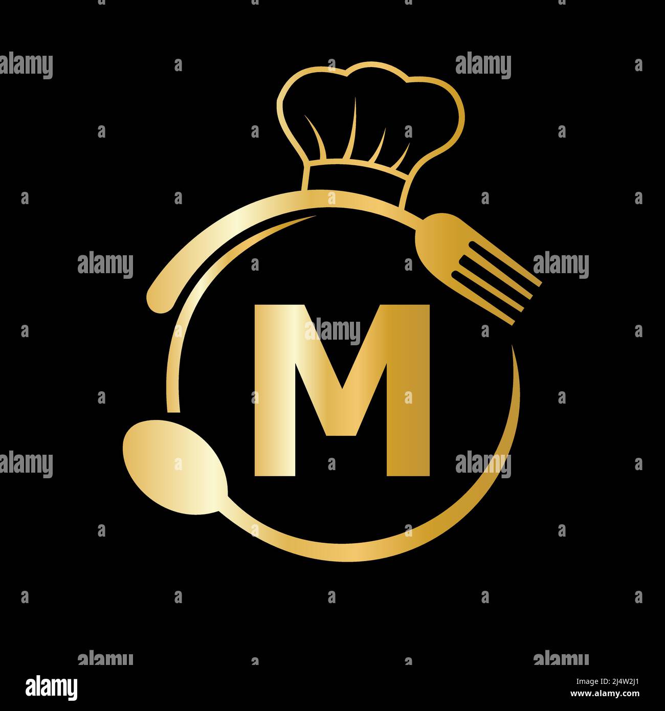 Restaurant Logo on Letter M with Chef Hat, Spoon and Fork Symbol for ...