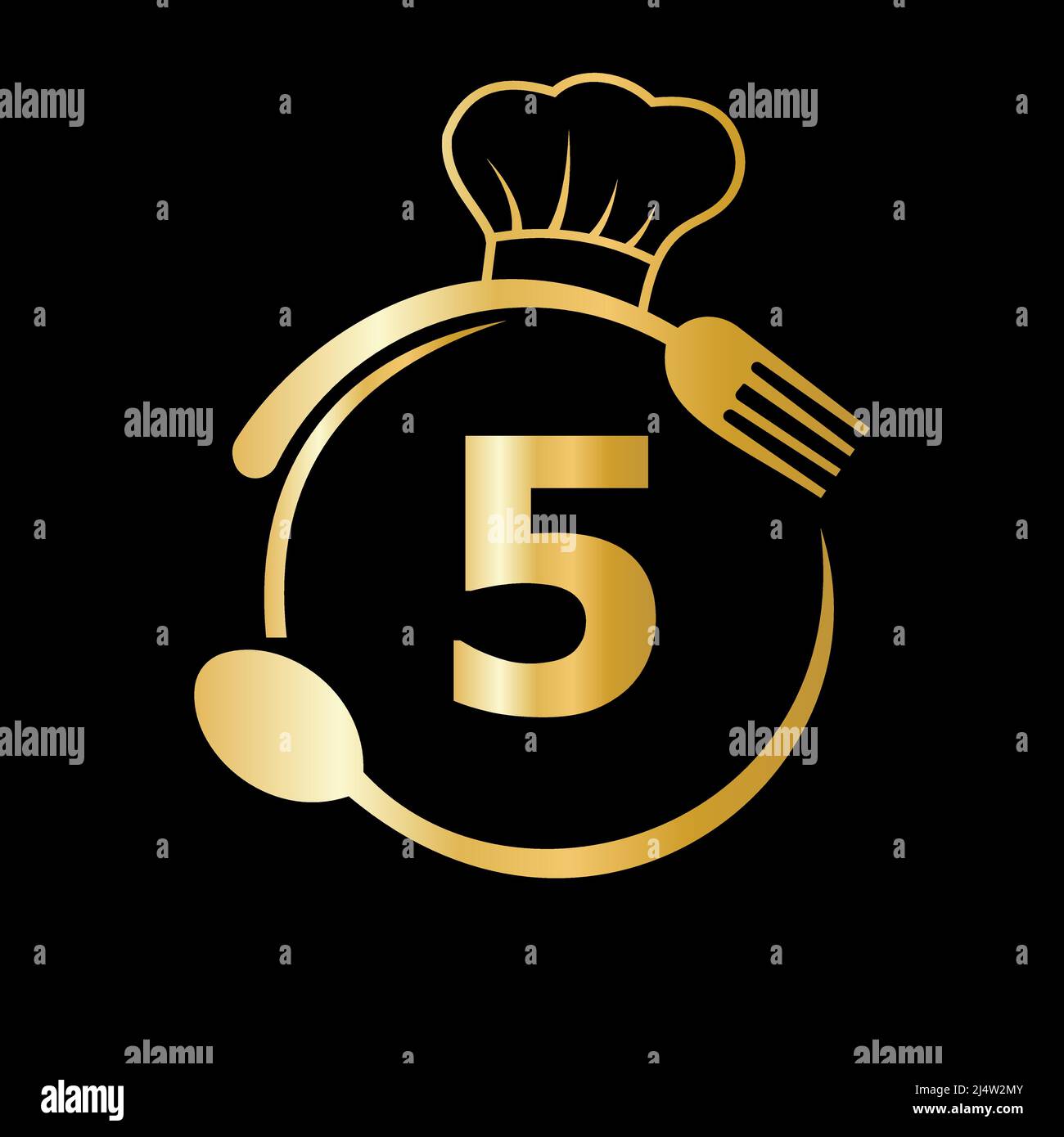 Restaurant Logo on Letter 5 with Chef Hat, Spoon and Fork Symbol for ...