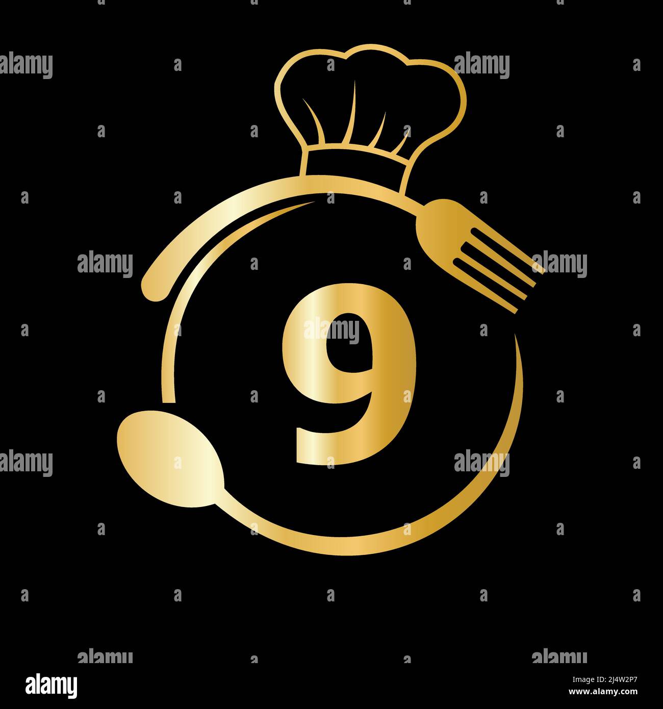 Restaurant Logo on Letter 9 with Chef Hat, Spoon and Fork Symbol for ...