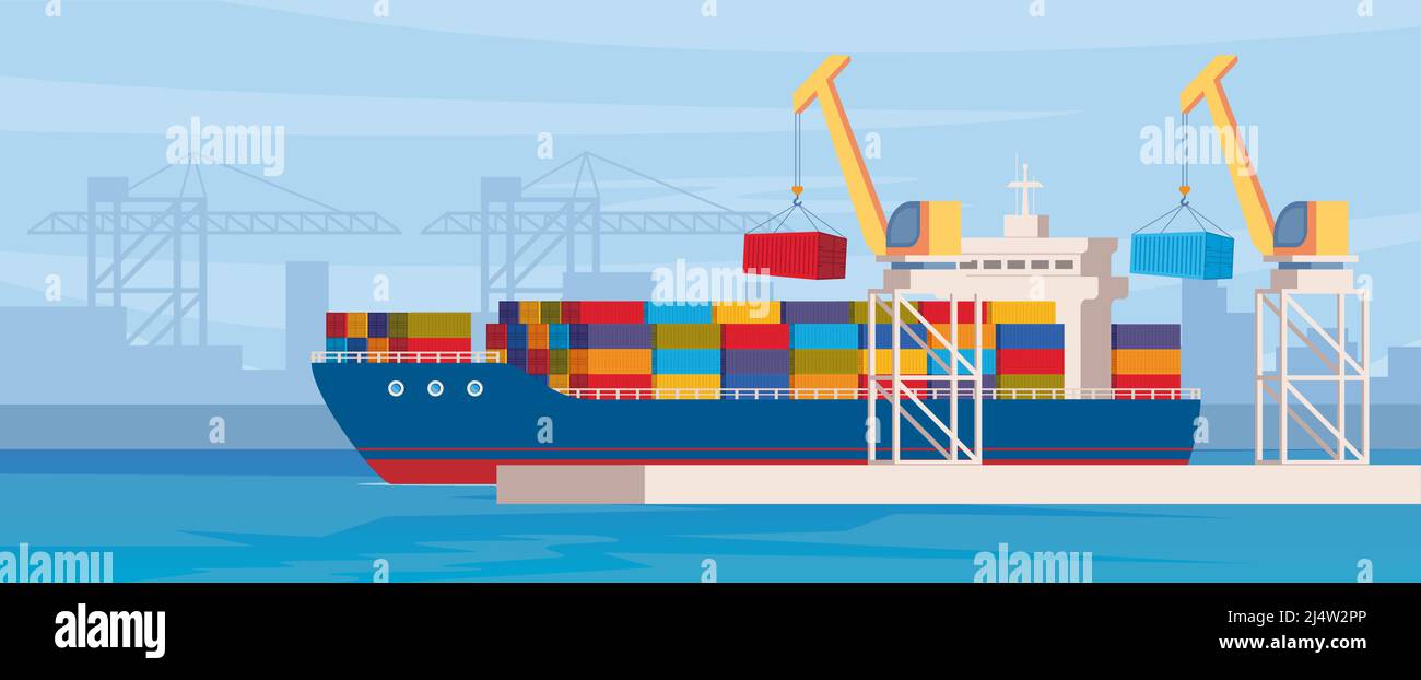 Cargo ship loading in city port. Cranes on dockside, pier unloading ...