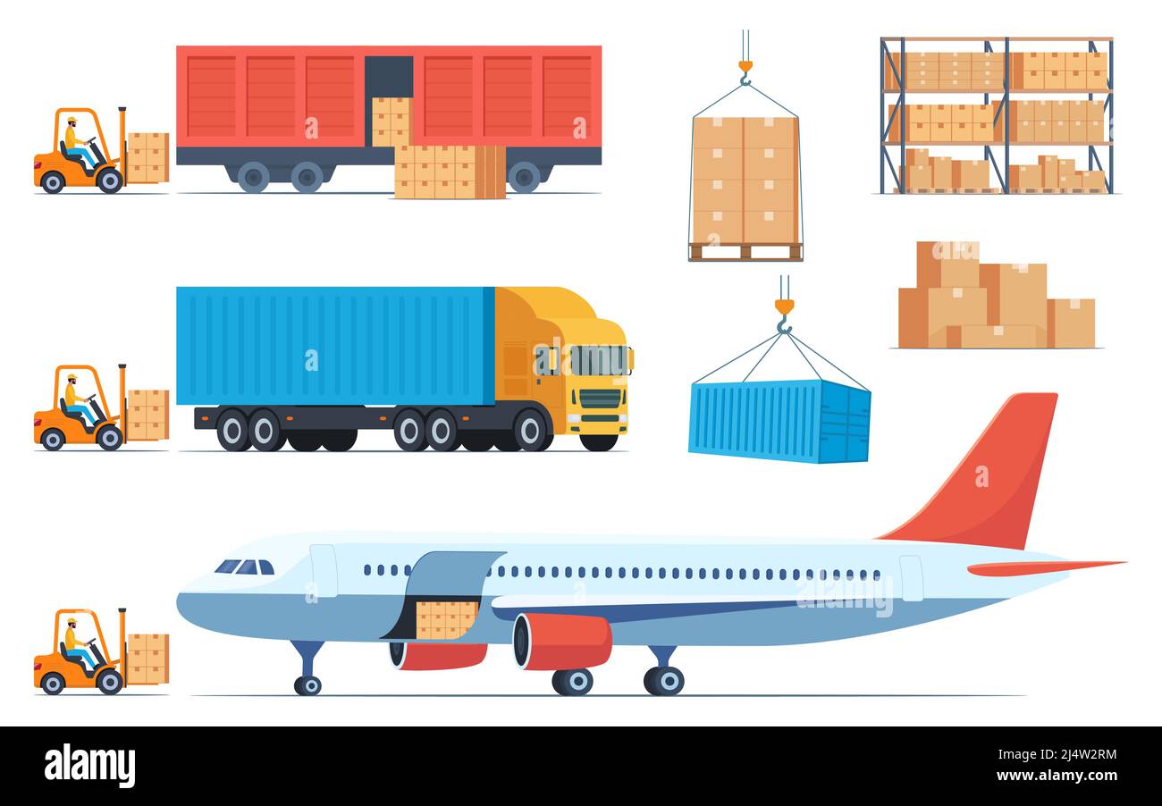 Loading boxes with goods into different types of cargo transport. Cargo ... Loading boxes with goods into different types of cargo transport. Cargo ...