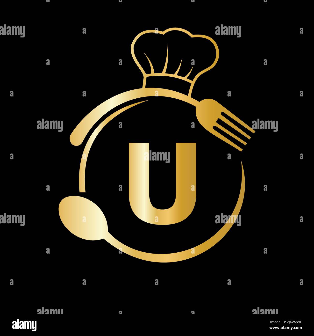 Restaurant Logo on Letter U with Chef Hat, Spoon and Fork Symbol for ...