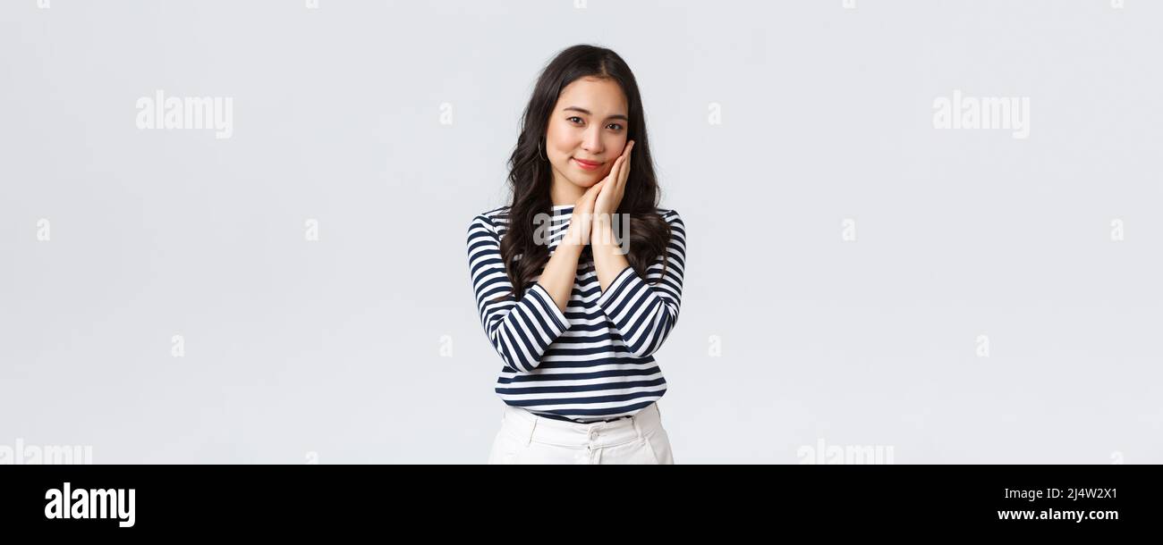 Lifestyle, people emotions and casual concept. Tender asian woman with ...