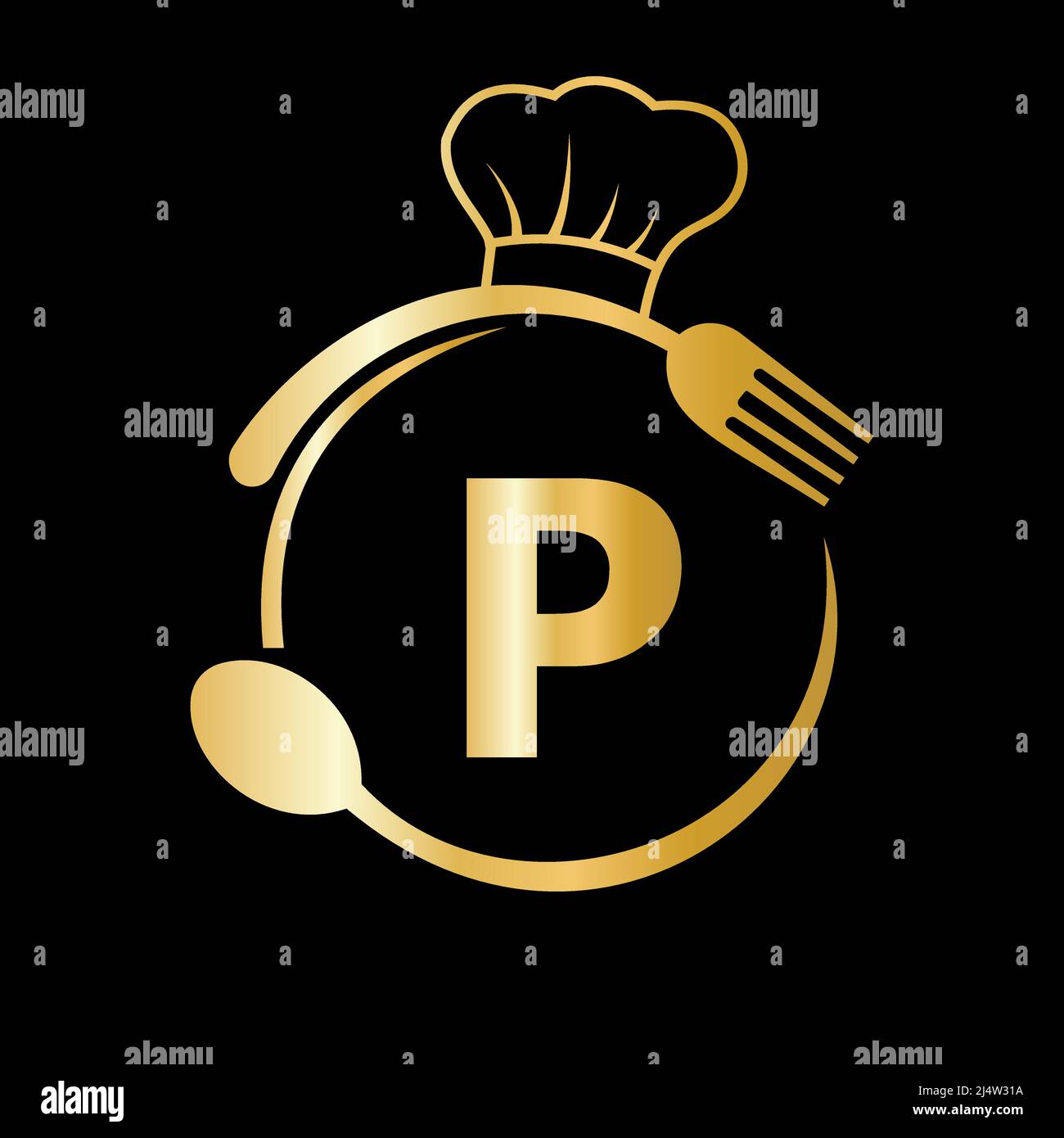 Restaurant Logo on Letter P with Chef Hat, Spoon and Fork Symbol for ...
