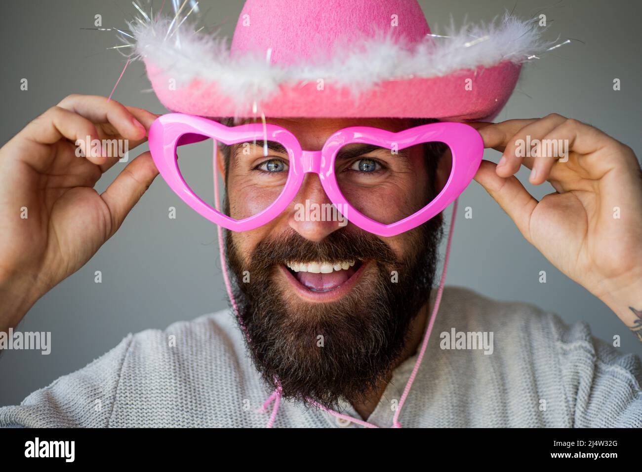 Bearded man in big glasses. Funny guy in big eyeglasses. Happy man with ...