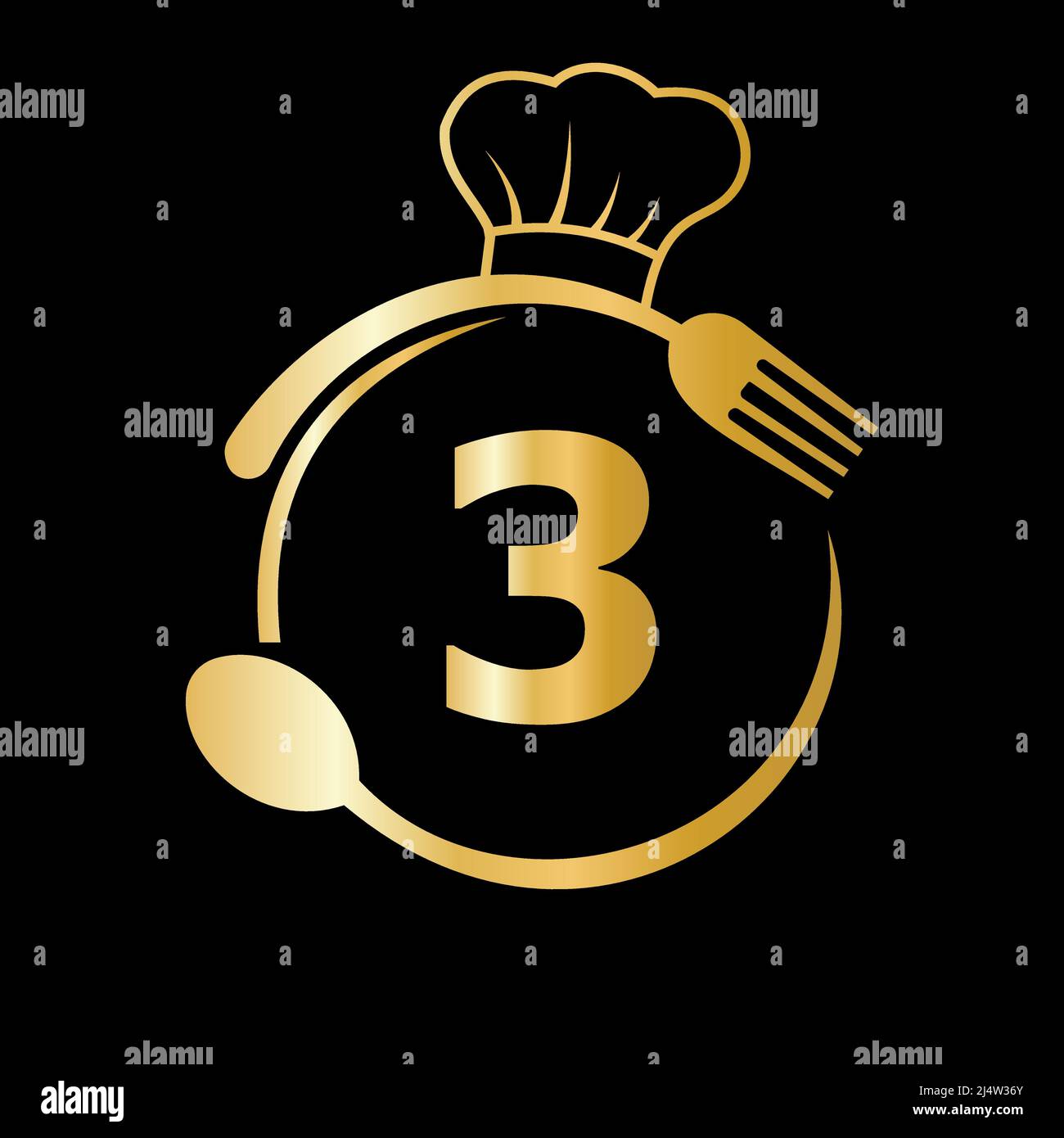 Restaurant Logo on Letter 3 with Chef Hat, Spoon and Fork Symbol for ...