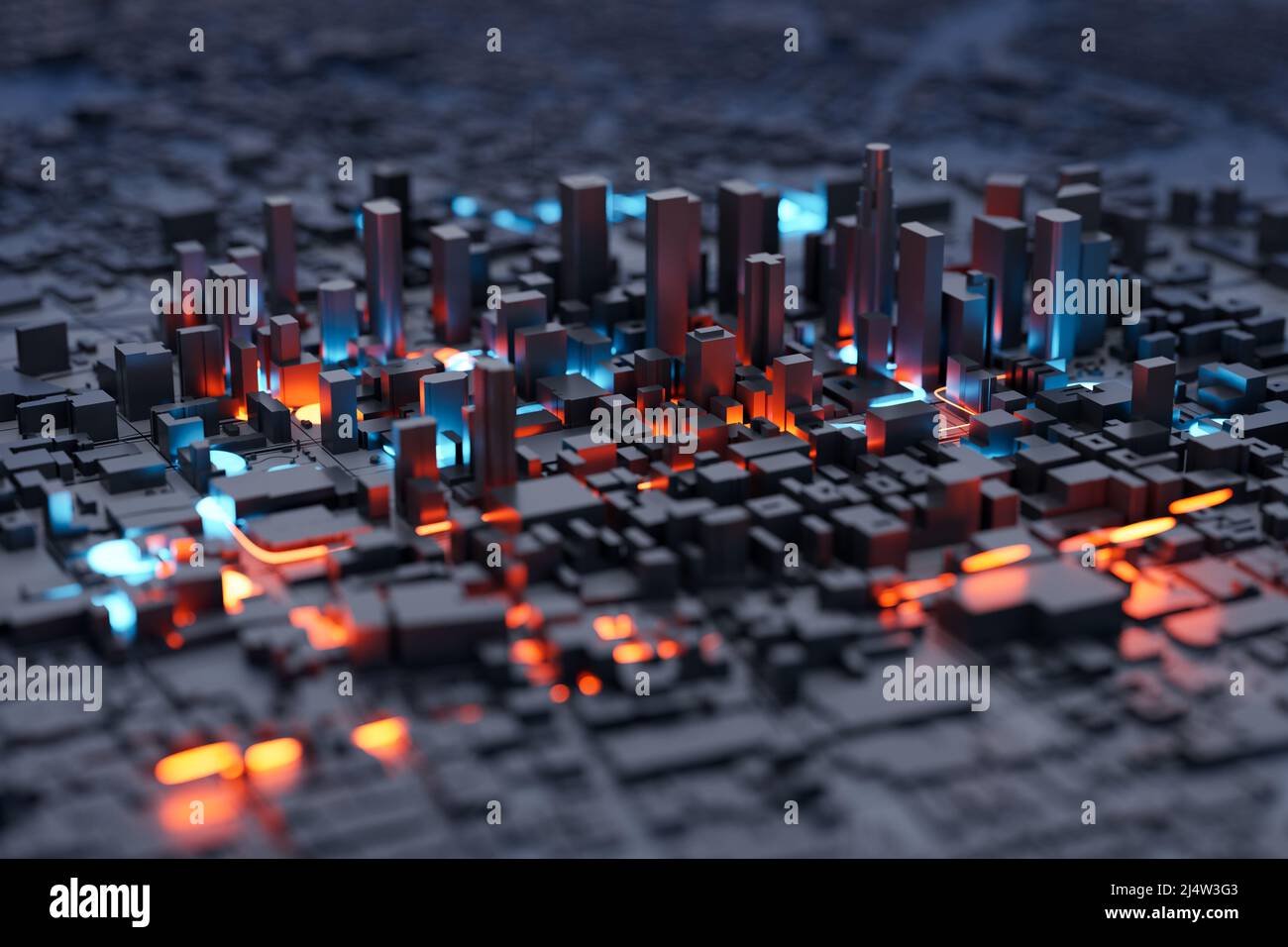 Blue and orange lights in smart city 3D miniature model. 3D rendering ...