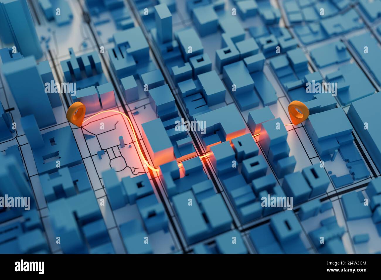 GPS navigation route between two points in a city. 3D rendering Stock ...