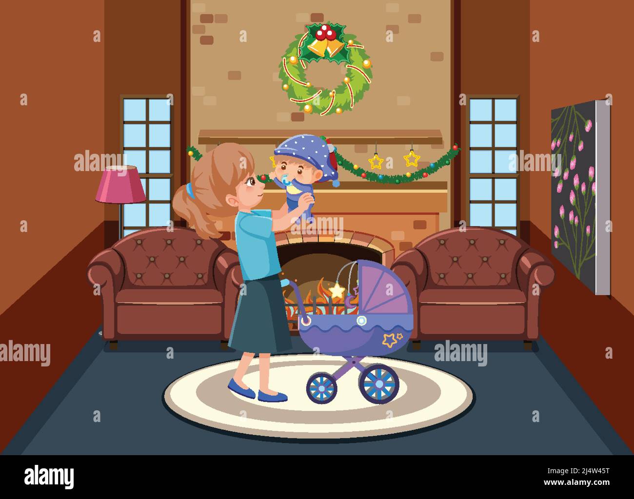 Living room scene with children cartoon character illustration Stock ...