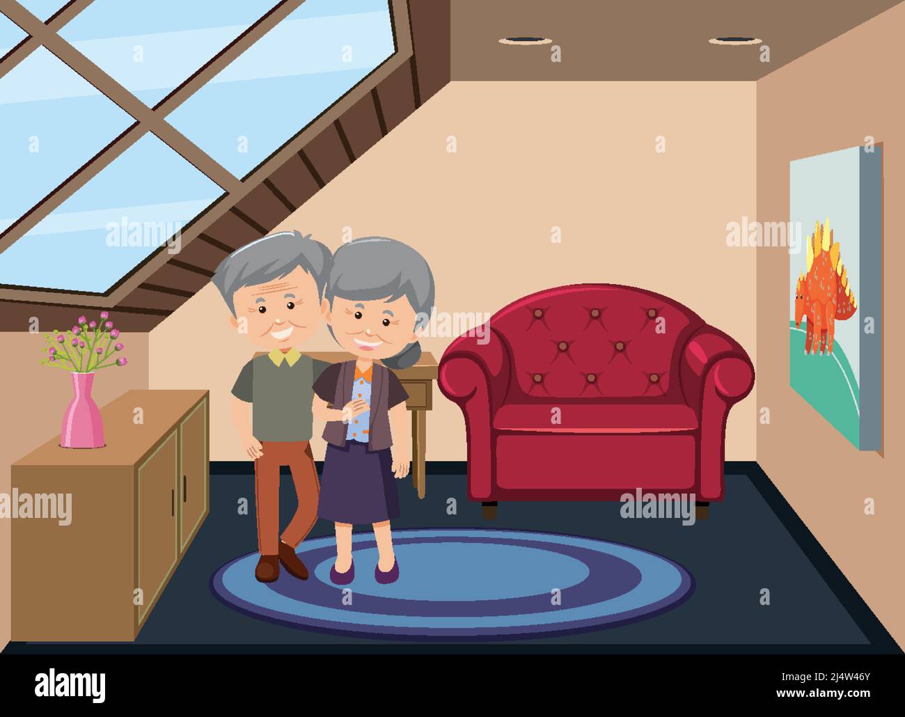 Garret room scene with an old couple cartoon character illustration ...