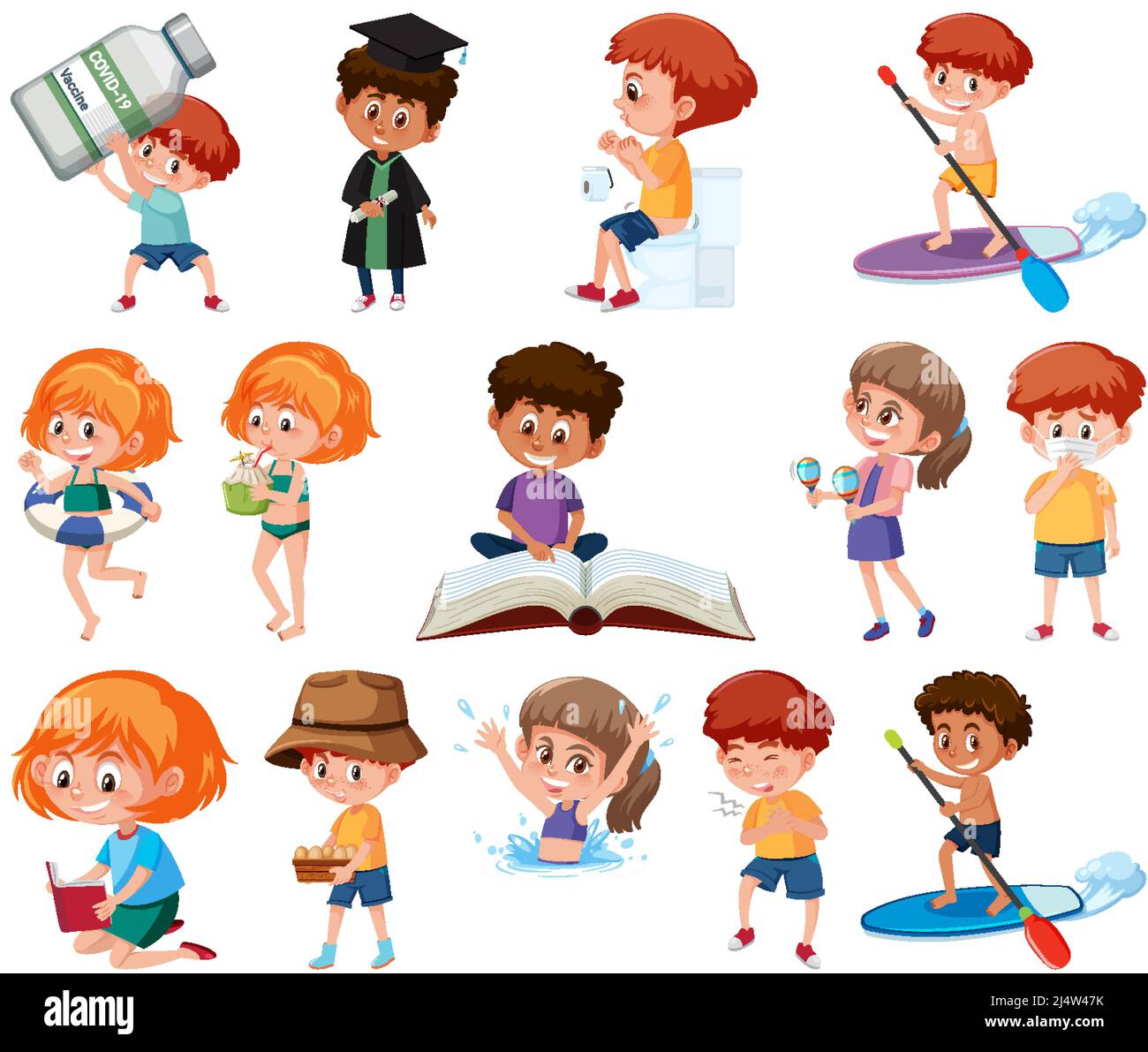 Set of children doing different activities on white background ...