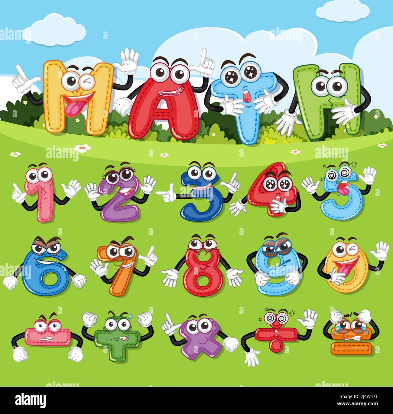 Counting numbers from zero to nine and math symbols illustration Stock ...