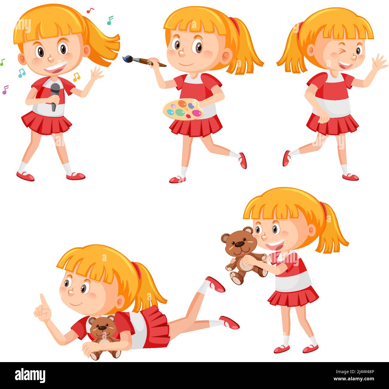 Set of happy ponytail girl character illustration Stock Vector Image ...
