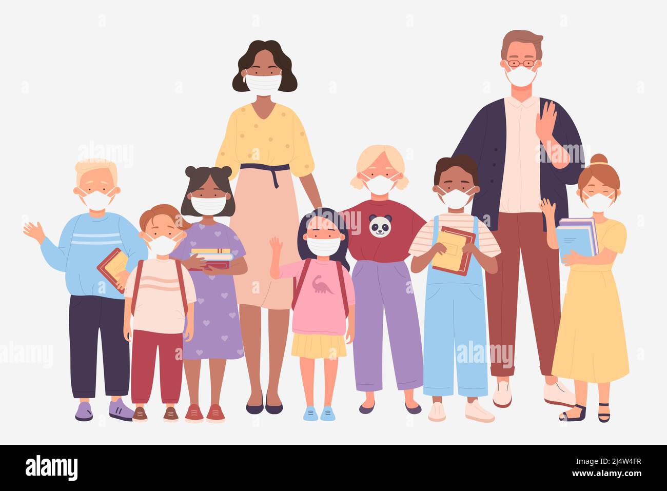 Teachers and kids wearing medical face masks for virus prevention set ...