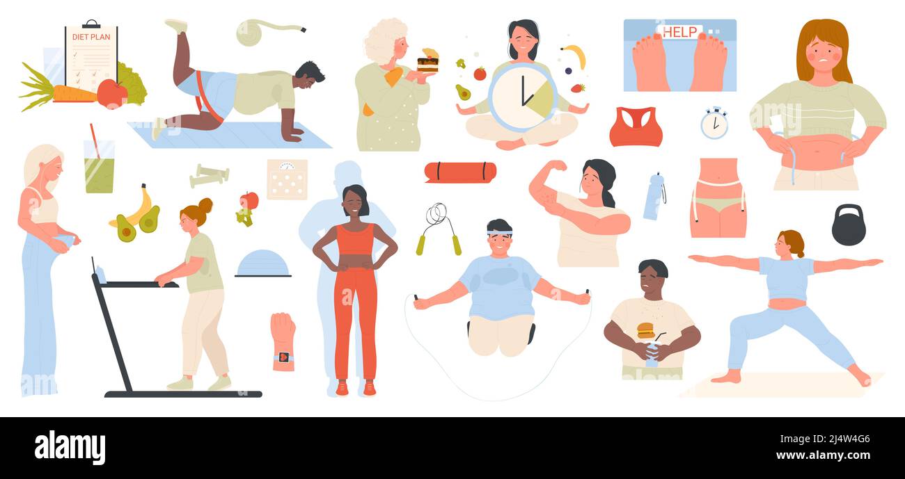 Overweight people lose weight set vector illustration. Cartoon young ...