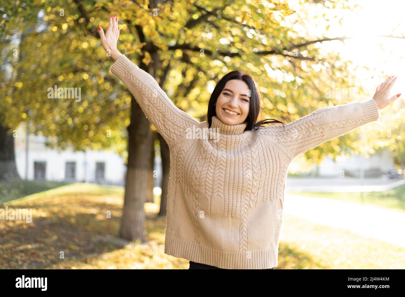 happy girl enjoying life and freedom in autumn in nature, caucasian ...