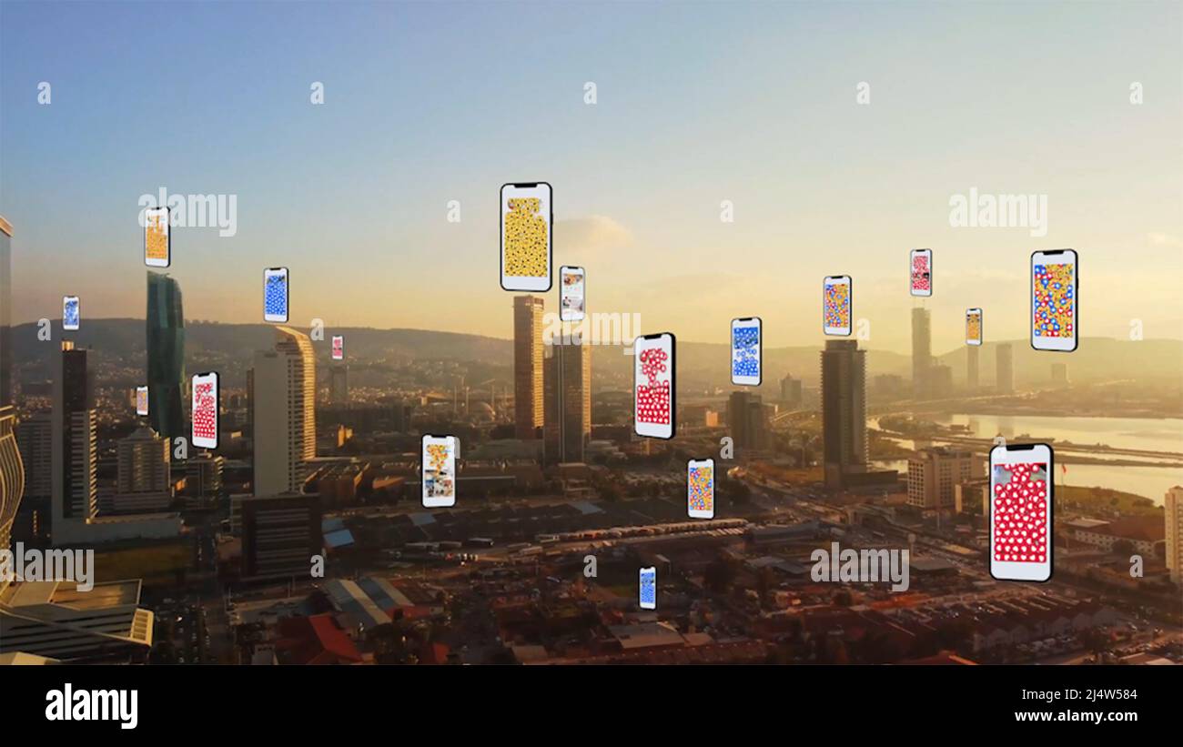Connected aerial city with several interfaces. Futuristic concept ...