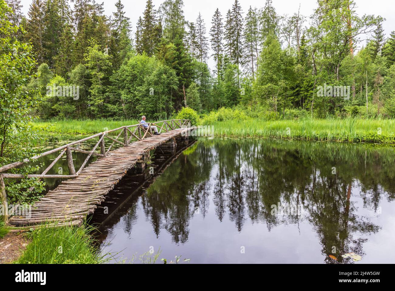 Footbridge over water with a man sitting on a bench Stock Photo - Alamy