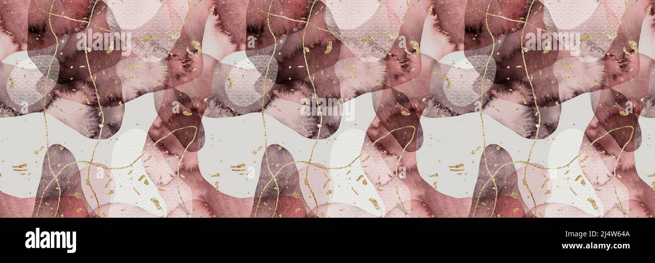 Seamless watercolor abstract organic blob shape overlay with gold lines ...