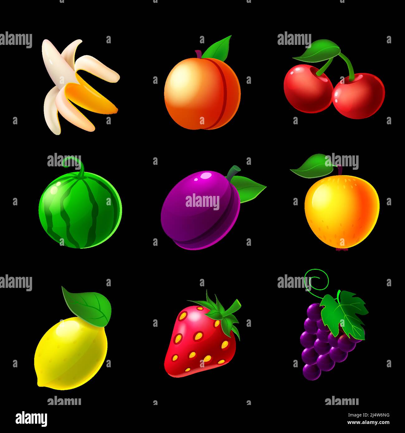 Set of Fruits machine slot icons, lemon, strawberry, grapes, apple ...