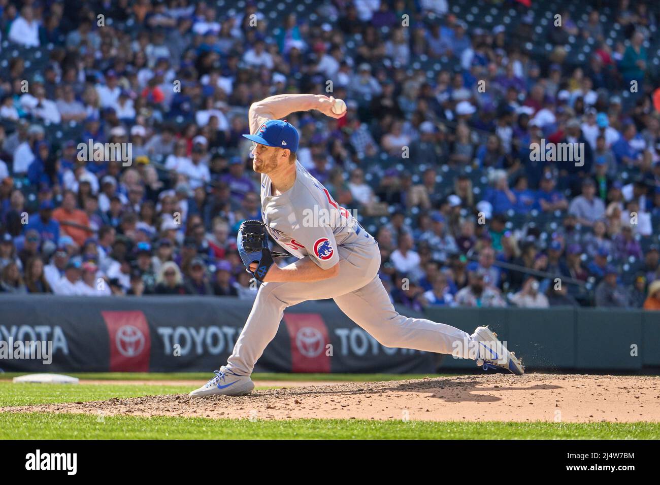 Denver CO, USA. 17th Apr, 2026. Chicago pitcher Rowan Wick (50) throws ...