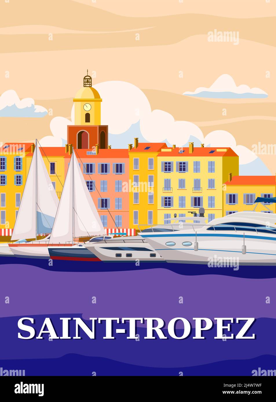 Retro Travel Poster Saint-Tropez France, old city Mediterranean. Cote d Azur of Travel sea ...