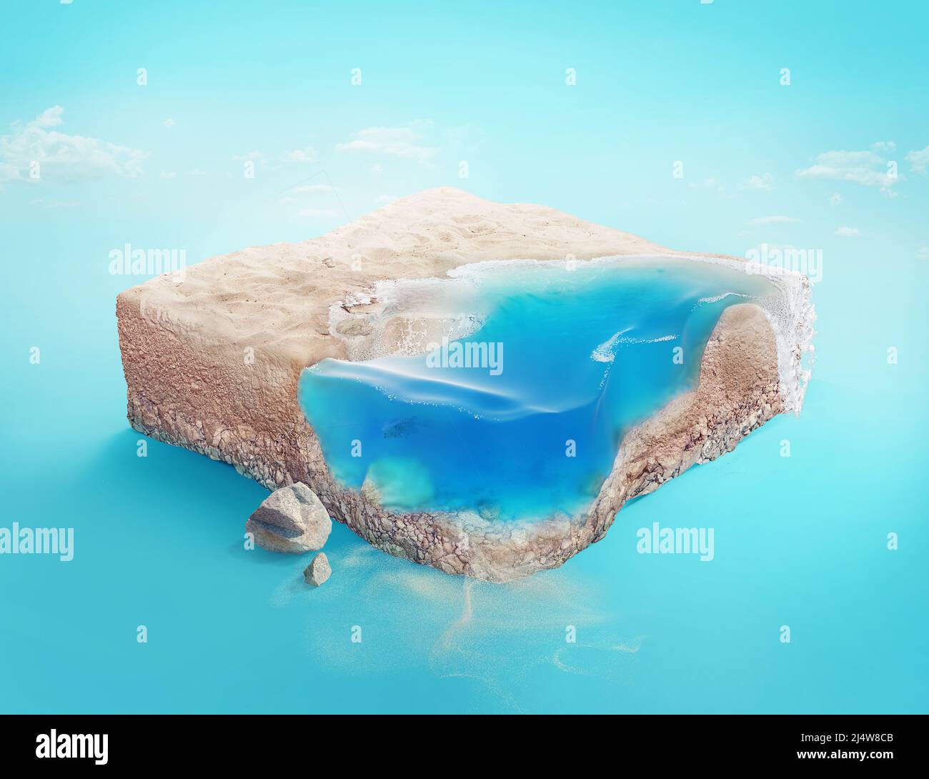 Travel and vacation background. 3d illustration with cut of the sea and ...