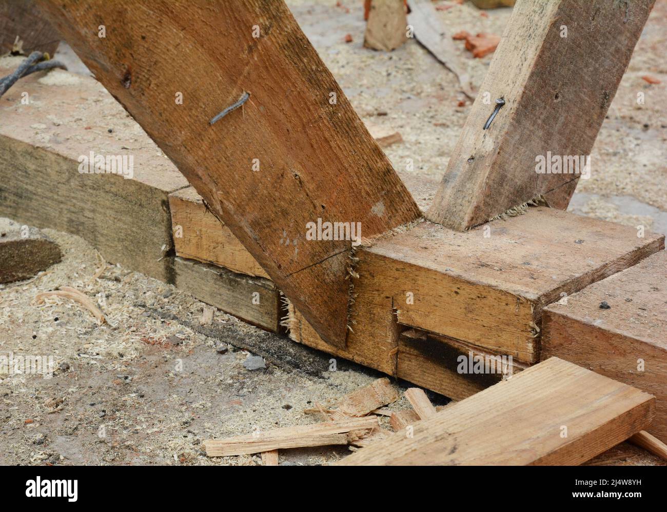 Roofing construction on the stage of roof framing. A close-up of ...