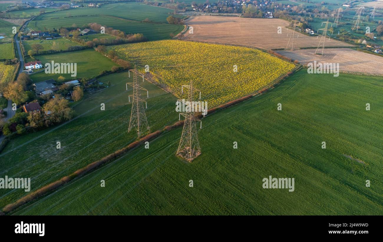An aerial view of electricity pylons in rural Suffolk, UK Stock Photo ...