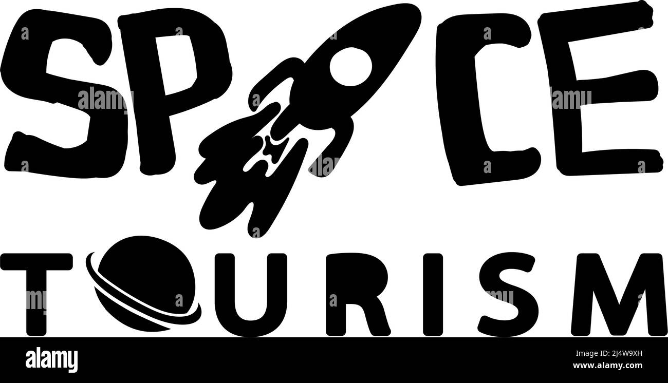 Logo for space tourism. Inscription with a rocket and a planet drawn in ...