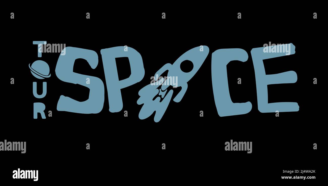 Logo for space tourism. Inscription with a rocket and a planet drawn in ...