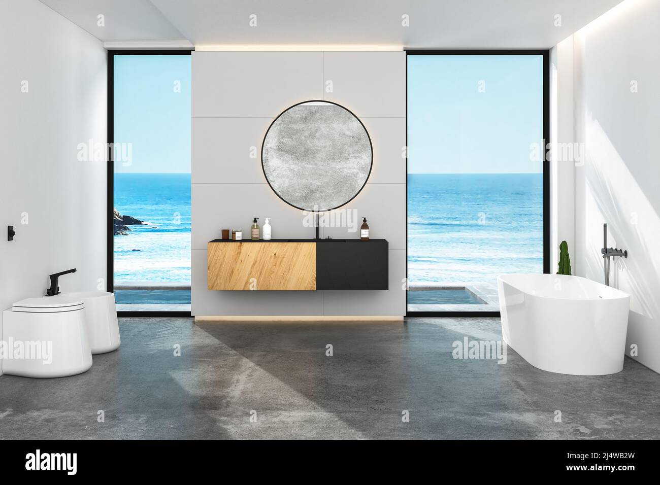 Interior of comfortable bathroom with white walls, concrete floor, cozy ...