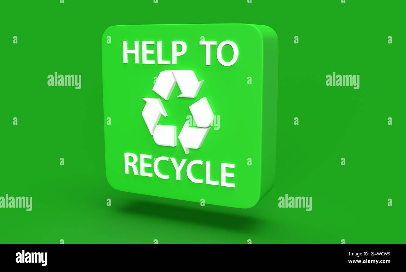 green 3D button with white recycling icon and the text help to recycle ...