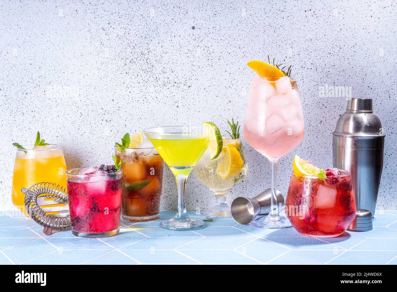 Summer bar cocktails menu. Set of different glasses variations of ...