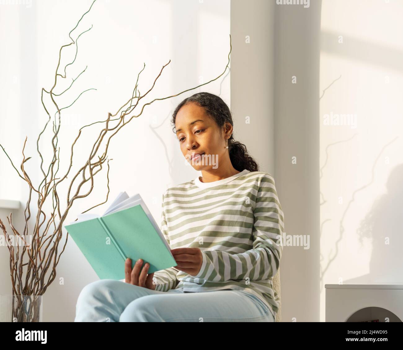 African-American female peacefully reading book in lounge. Enjoying ...