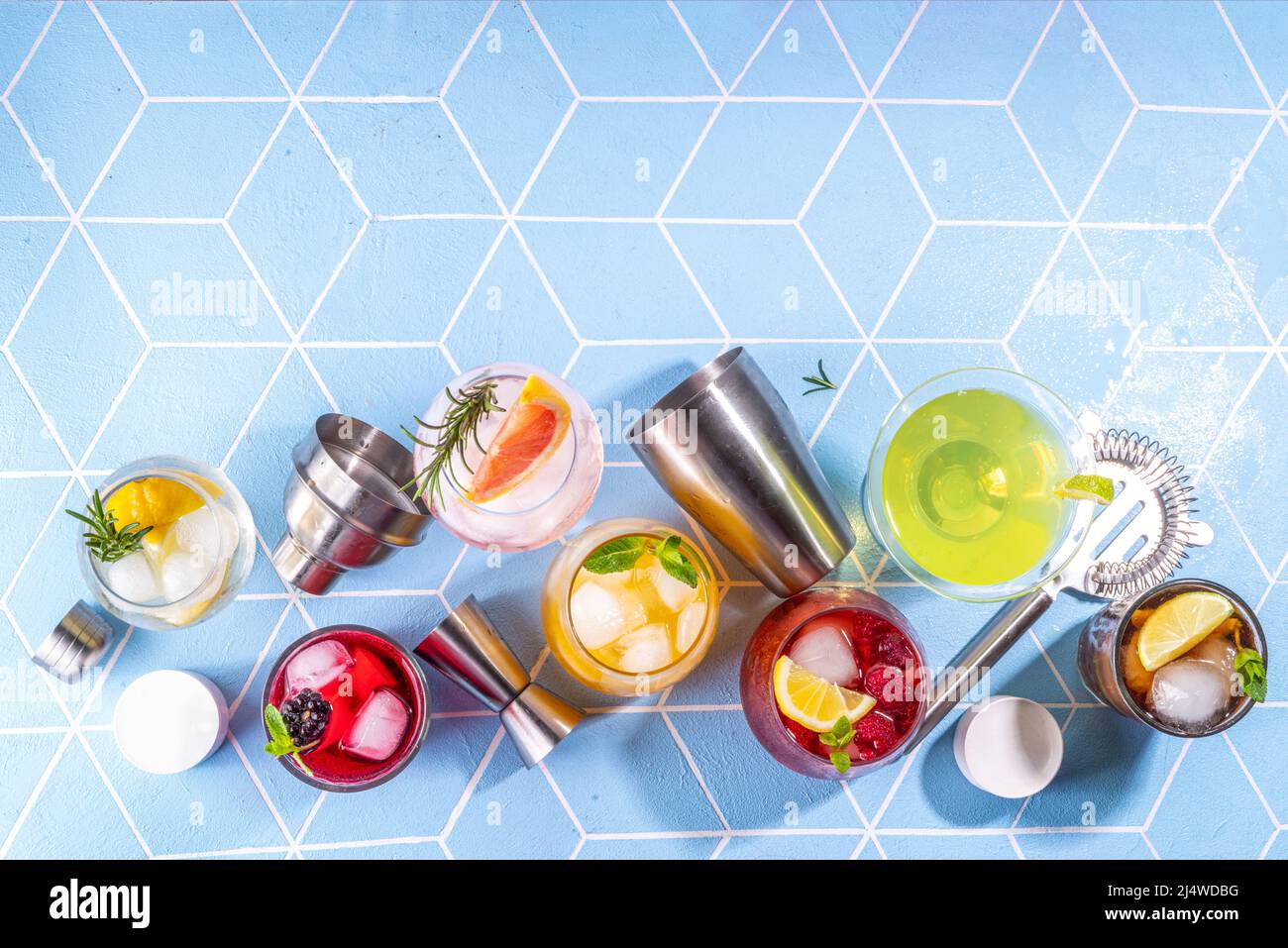 Summer bar cocktails menu. Set of different glasses variations of ...