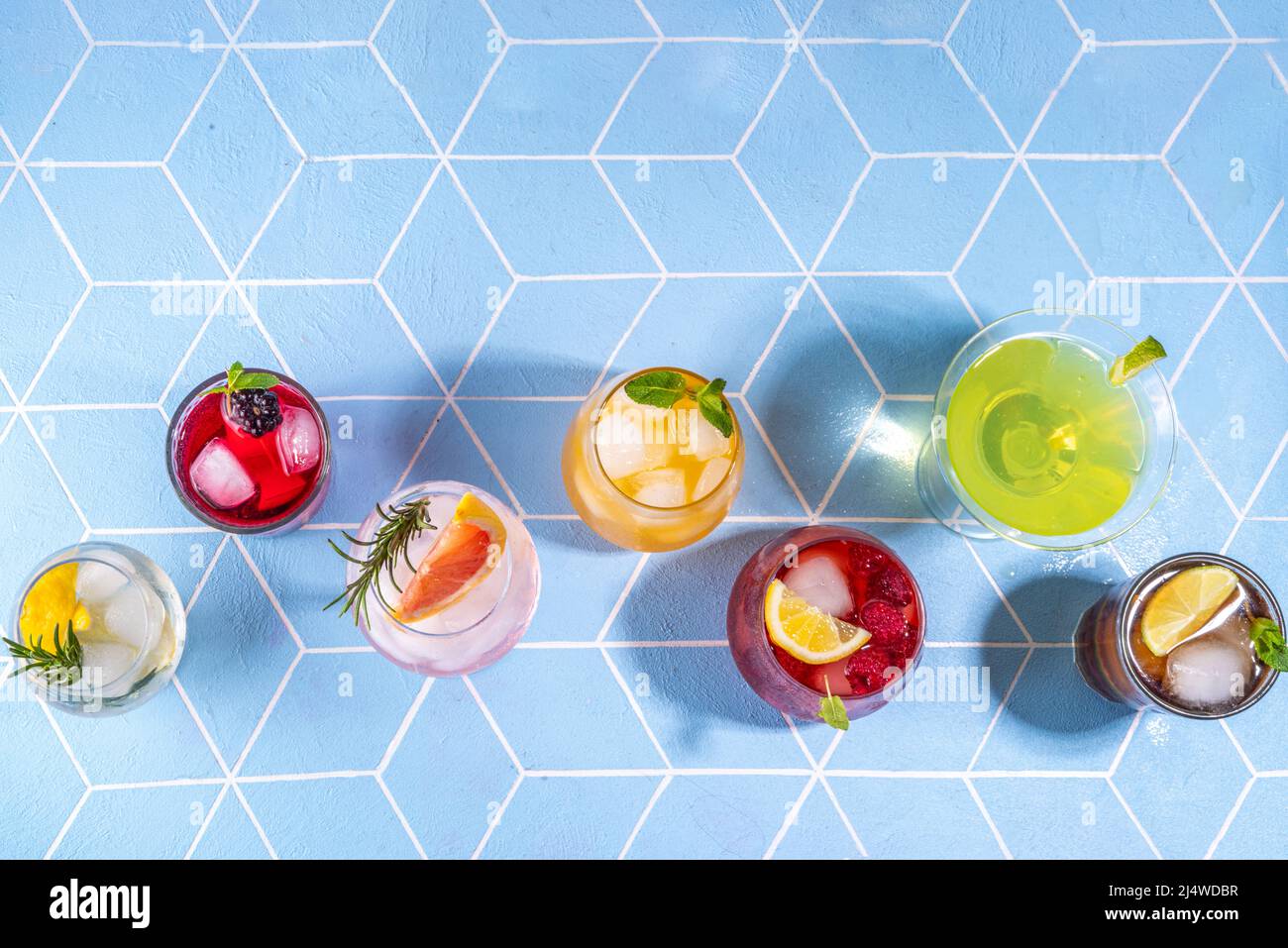 Summer bar cocktails menu. Set of different glasses variations of ...