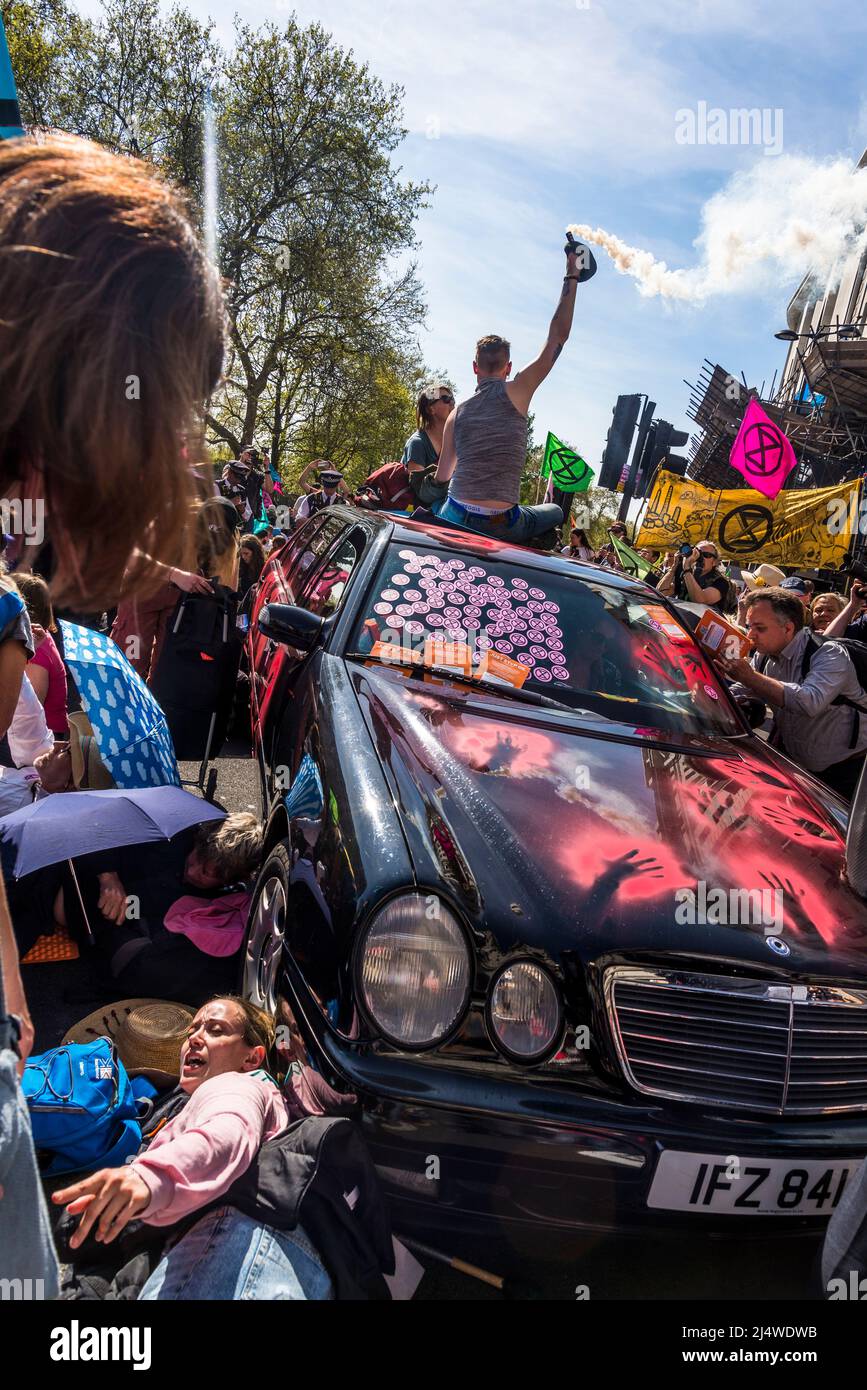 Blocked car with red paint handprints, We Will Not Be Bystanders, an ...