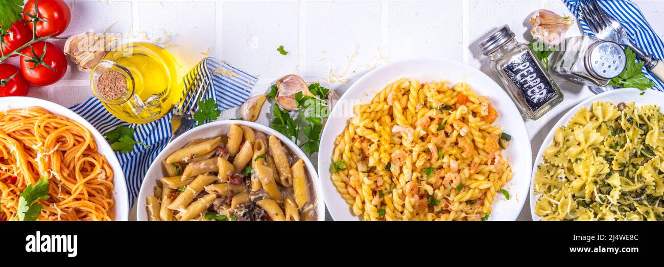 Set of pasta with different sauces on white tiled background. Spaghetti ...