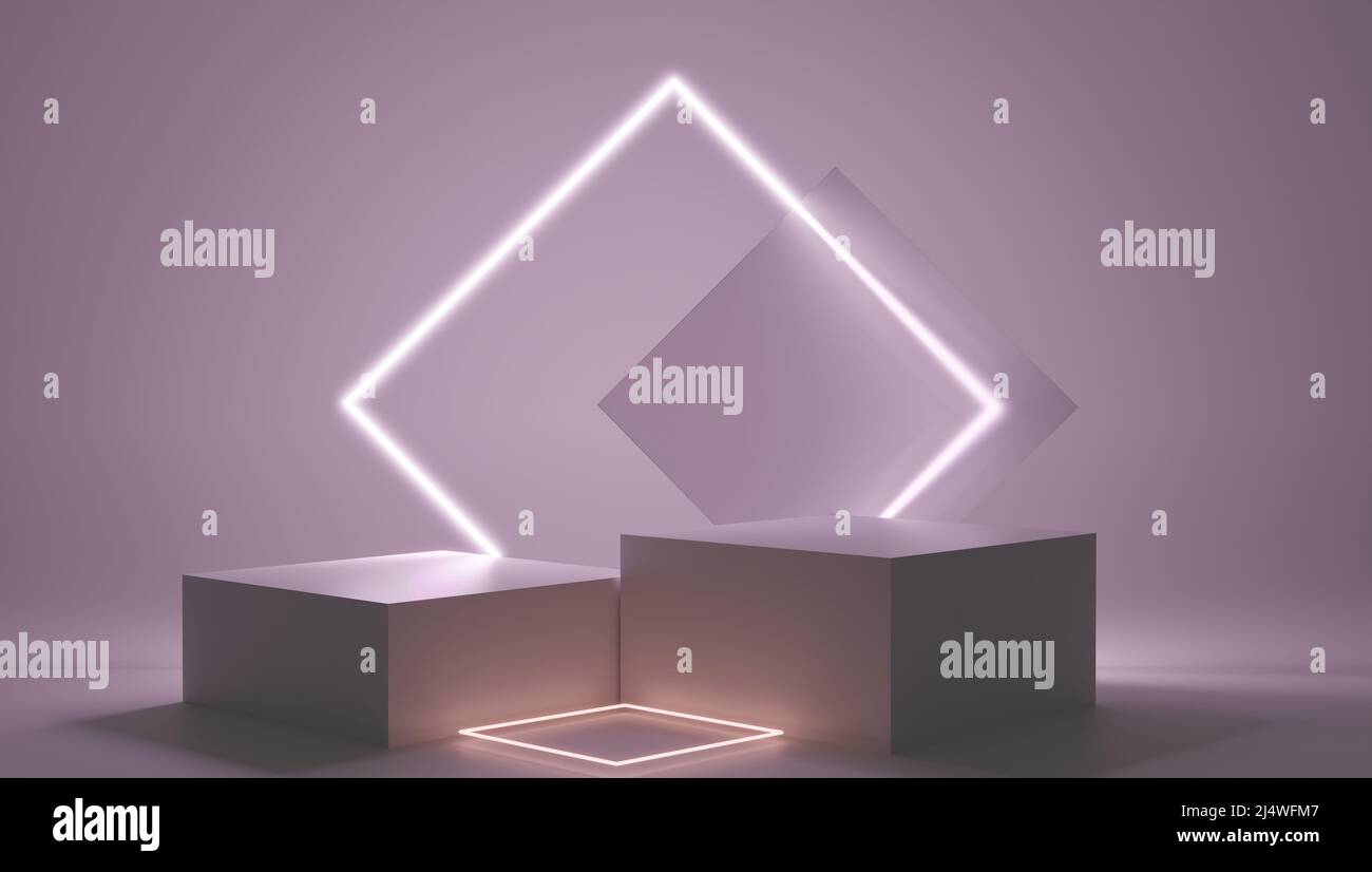 3d render pink platform with neon shining and transparent glass rings ...
