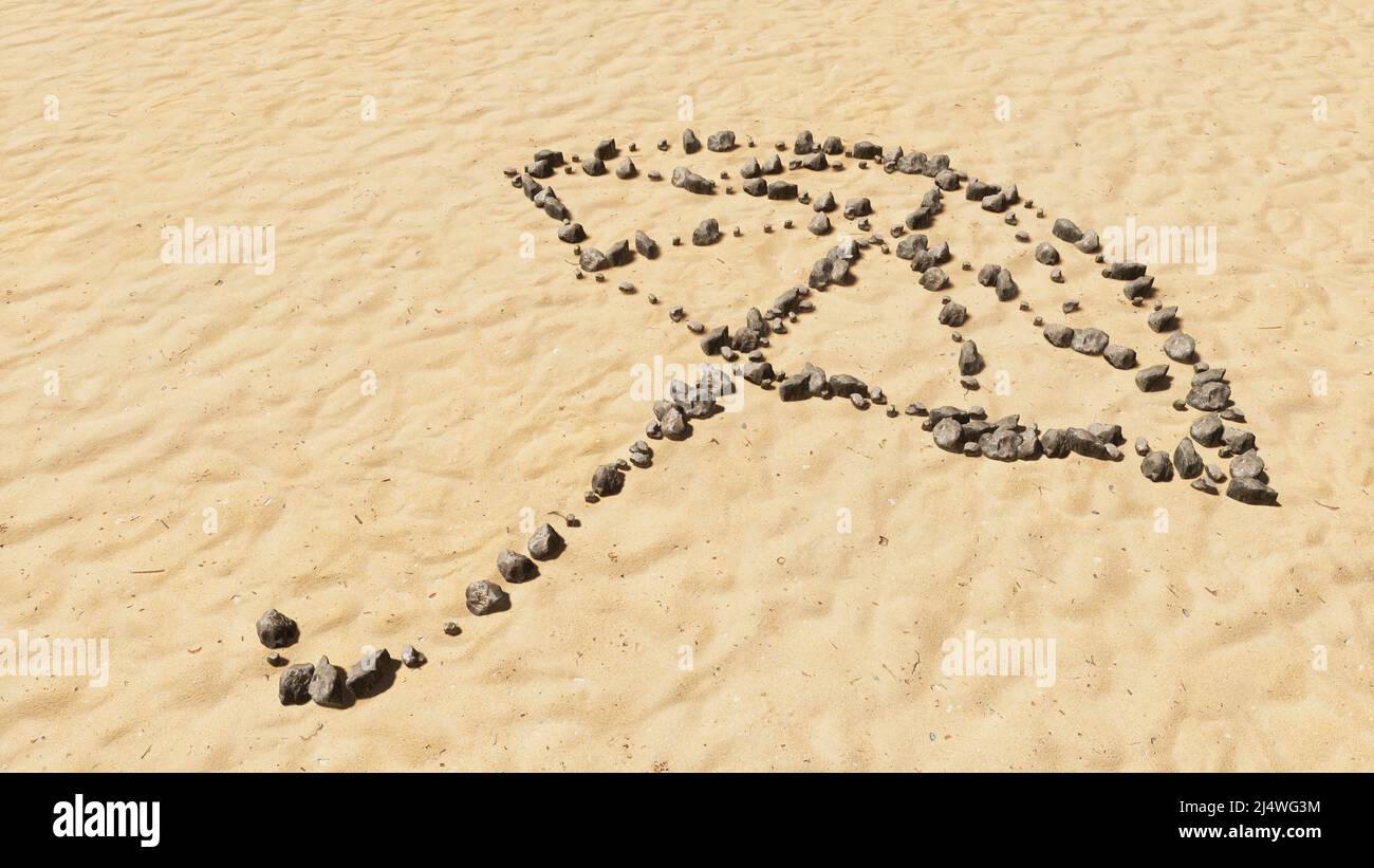 Concept conceptual stones on beach sand handmade symbol shape, golden ...
