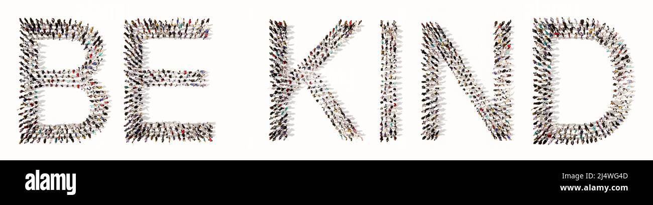 Concept or conceptual large community of people forming BE KIND slogan ...