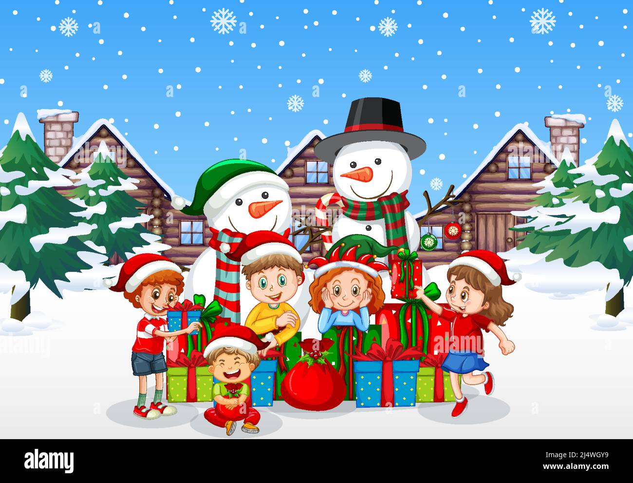 Santa Claus with friends on snowy blue background illustration Stock ...