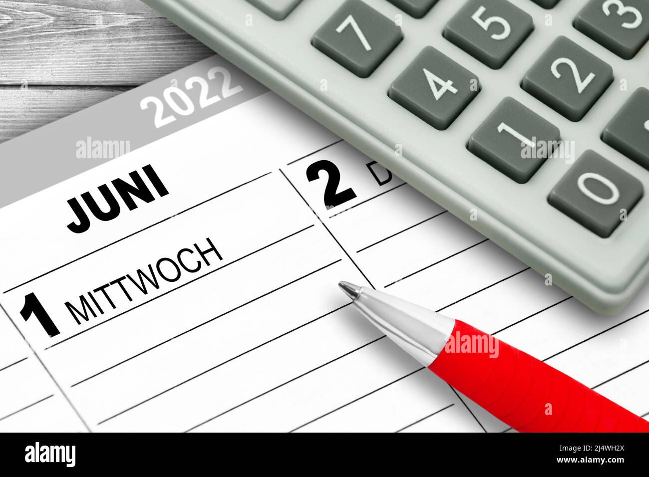 German calendar 2022 Wednesday June 1 and Thursday with red pencil and ...