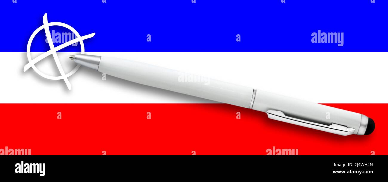 Flag of Schleswig-Holstein blue white red and Election Cross and pencil ...