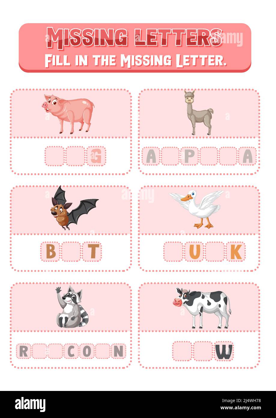 Fill the missing letter of each word worksheet for children ...