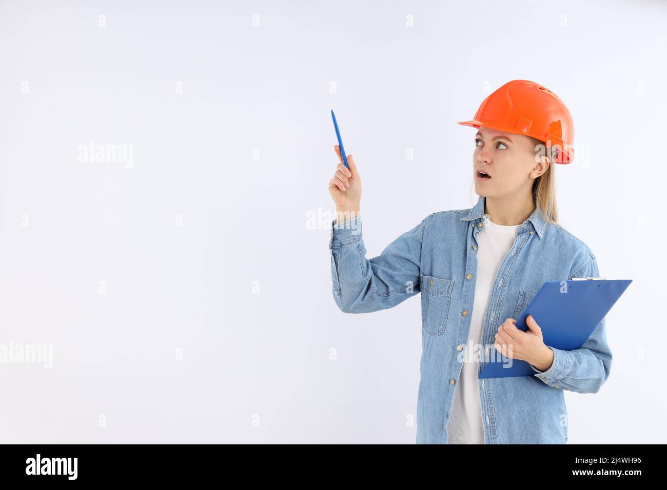 Concept of occupation, young woman on white background Stock Photo - Alamy