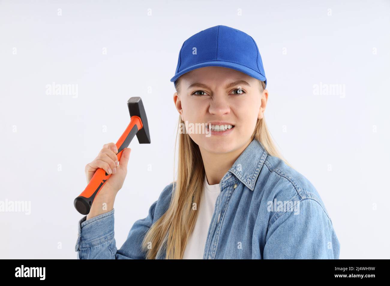 Concept of occupation, young woman on white background Stock Photo - Alamy