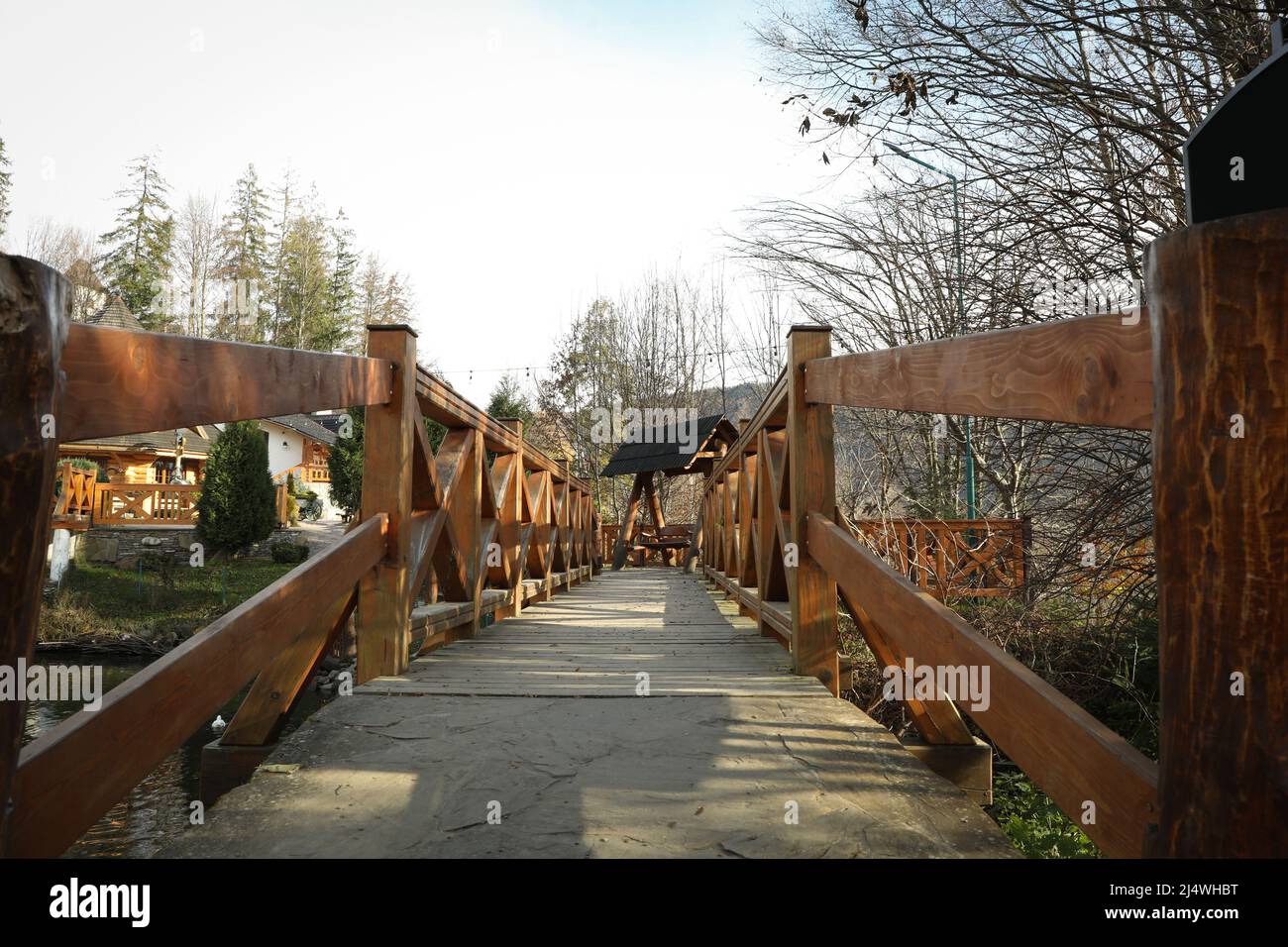 Wooden bridge in resort in Carpathian mountains in autumn day Stock ...
