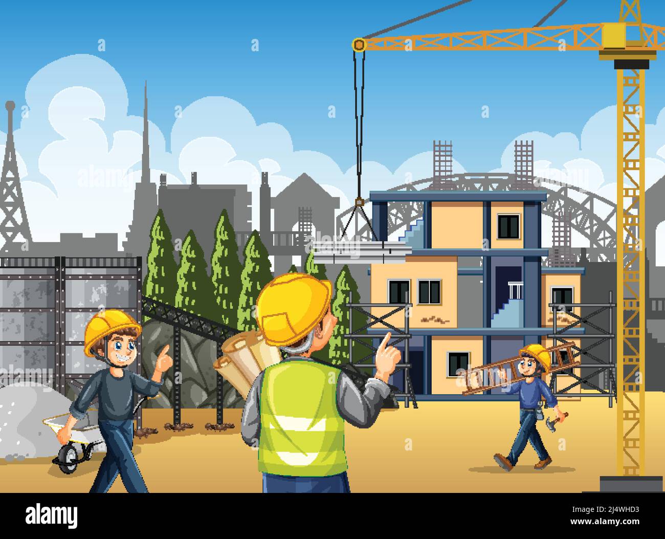 Building construction site with workers illustration Stock Vector Image ...